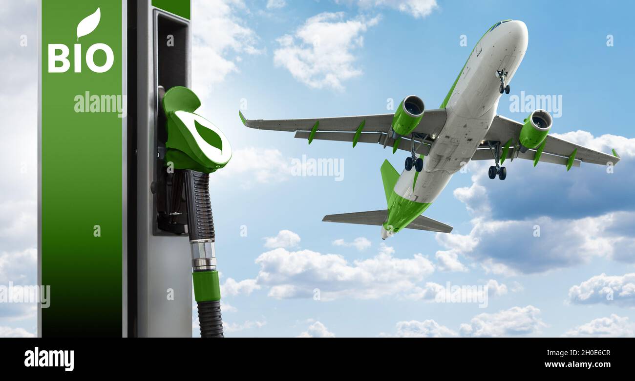 Plane and a gas station with the inscription BIO. Decarbonization ...
