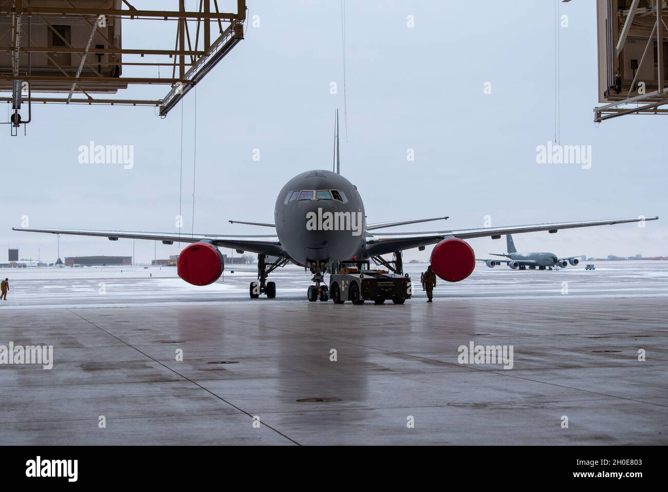 22nd Maintenance Squadron Airmen use an MB-2 aircraft tow tractor to ...