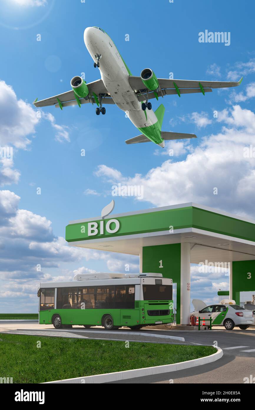 The plane takes off over a gas station with the inscription BIO ...