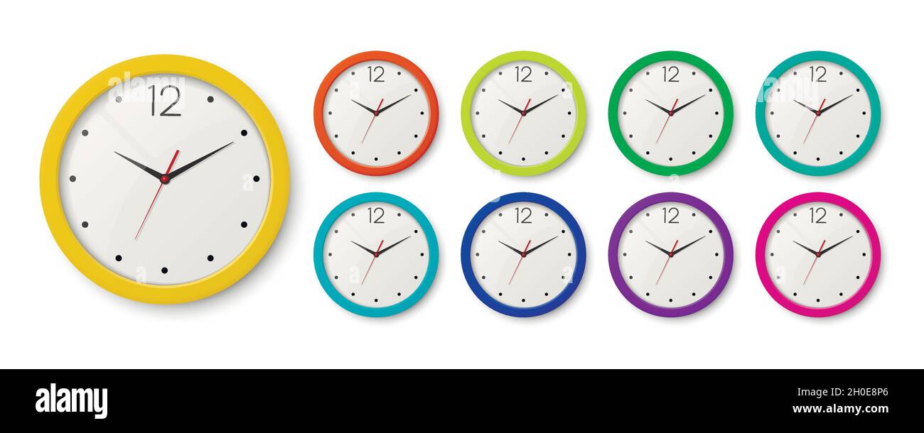 Vector 3d Realistic Color Wall Office Clock Icon Set Isolated ...