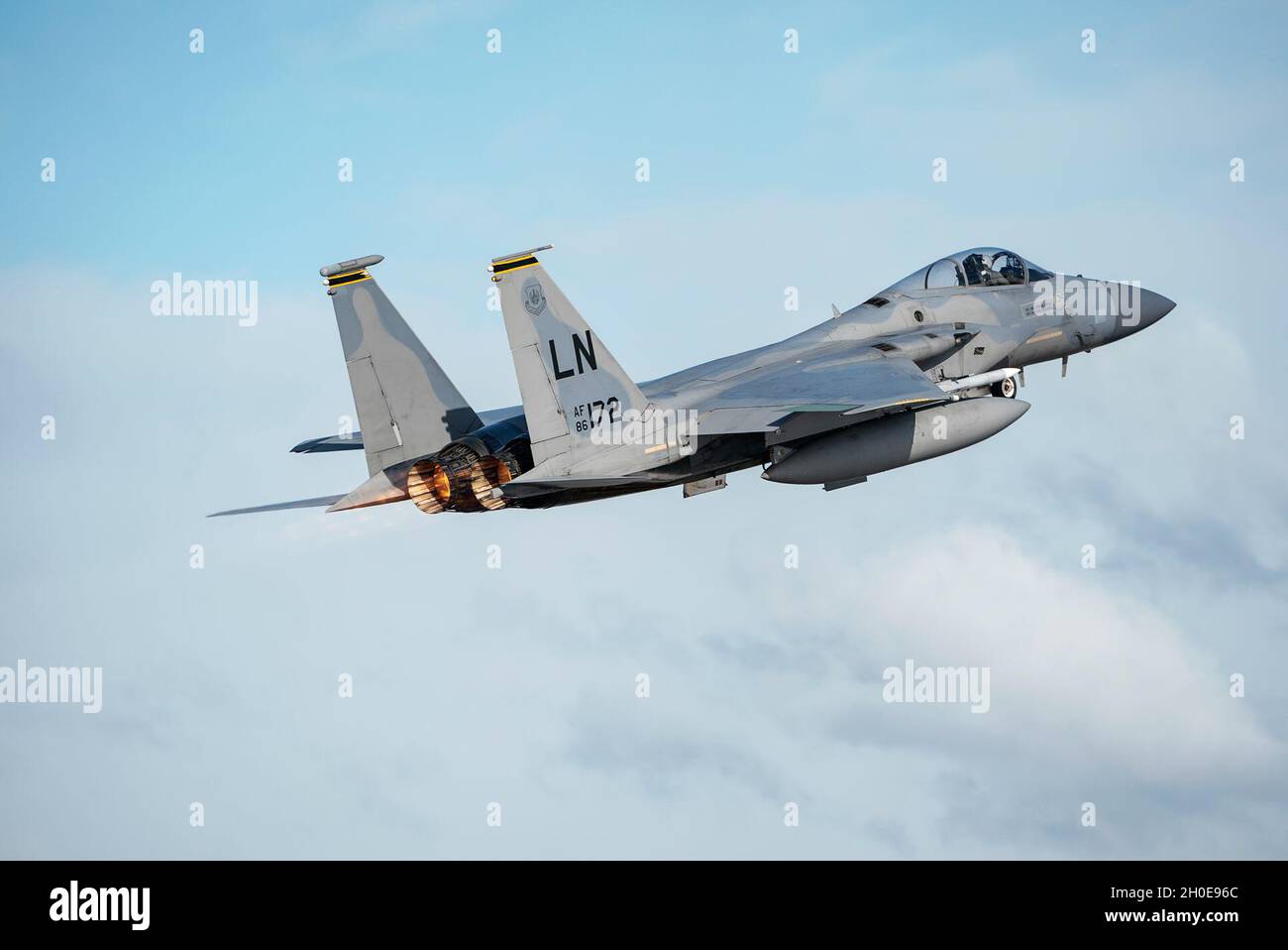 An F-15C Eagle assigned to the 493rd Fighter Squadron takes off at Royal Air Force Lakenheath ...
