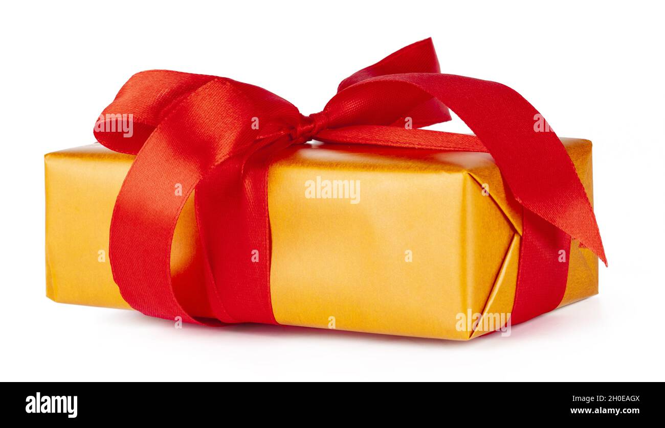 Christmas gift box with red ribbon isolated on white background Stock ...