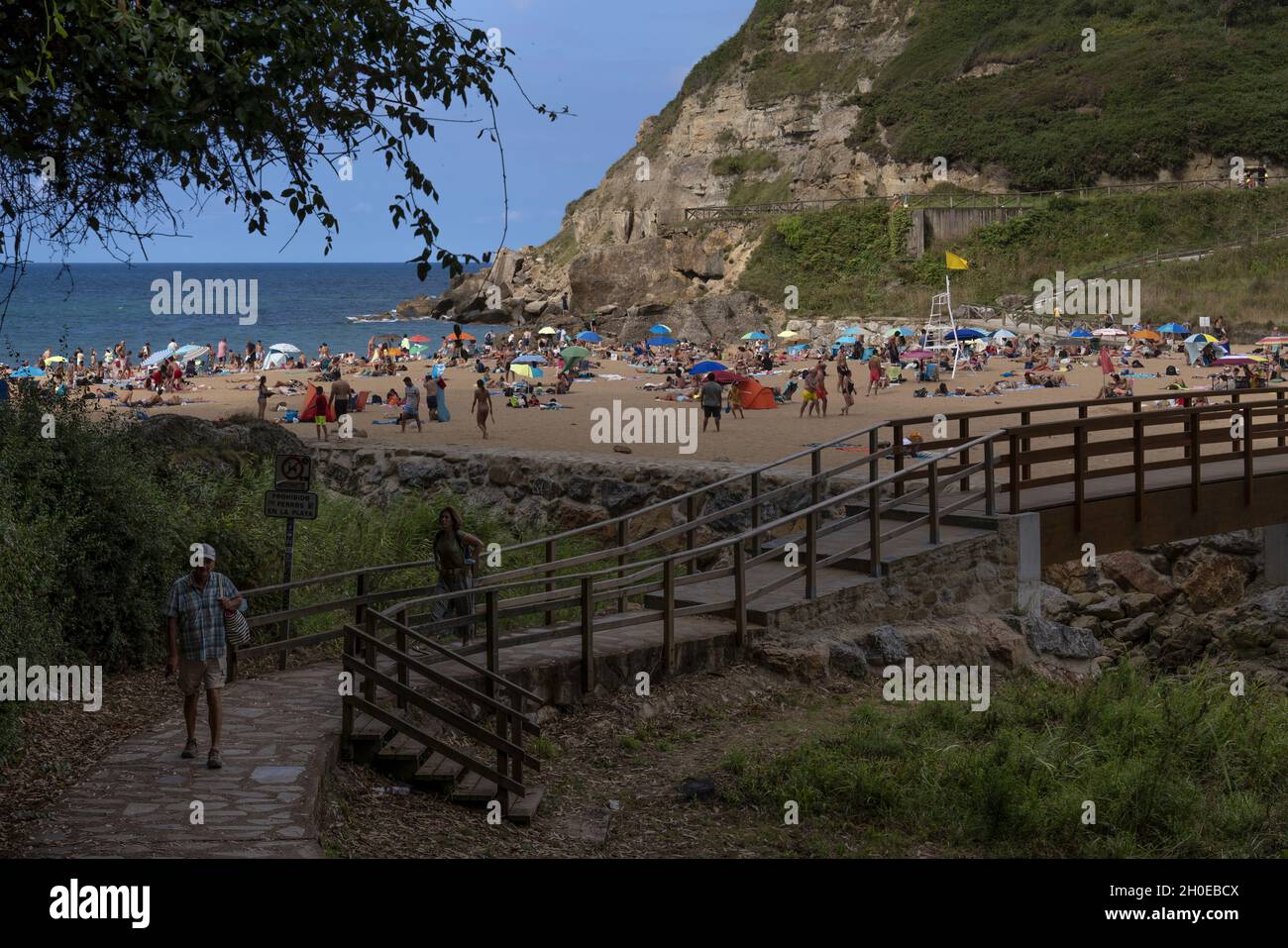 GIJON, SPAIN - Oct 07, 2021: View of Asturia beache during the summer ...