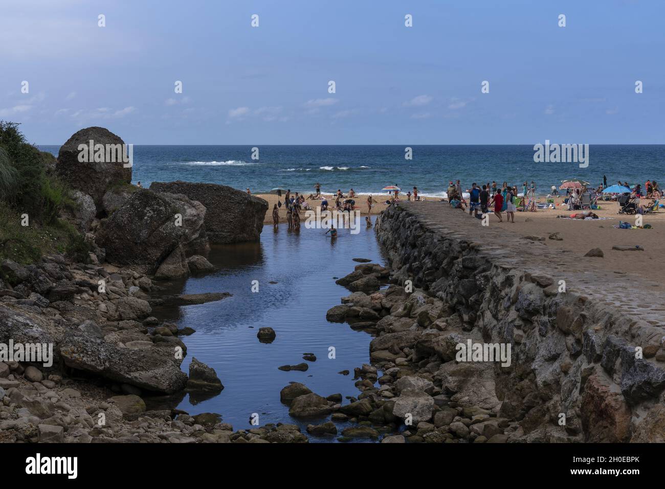 GIJON, SPAIN - Oct 07, 2021: View of Asturia beach during the summer ...