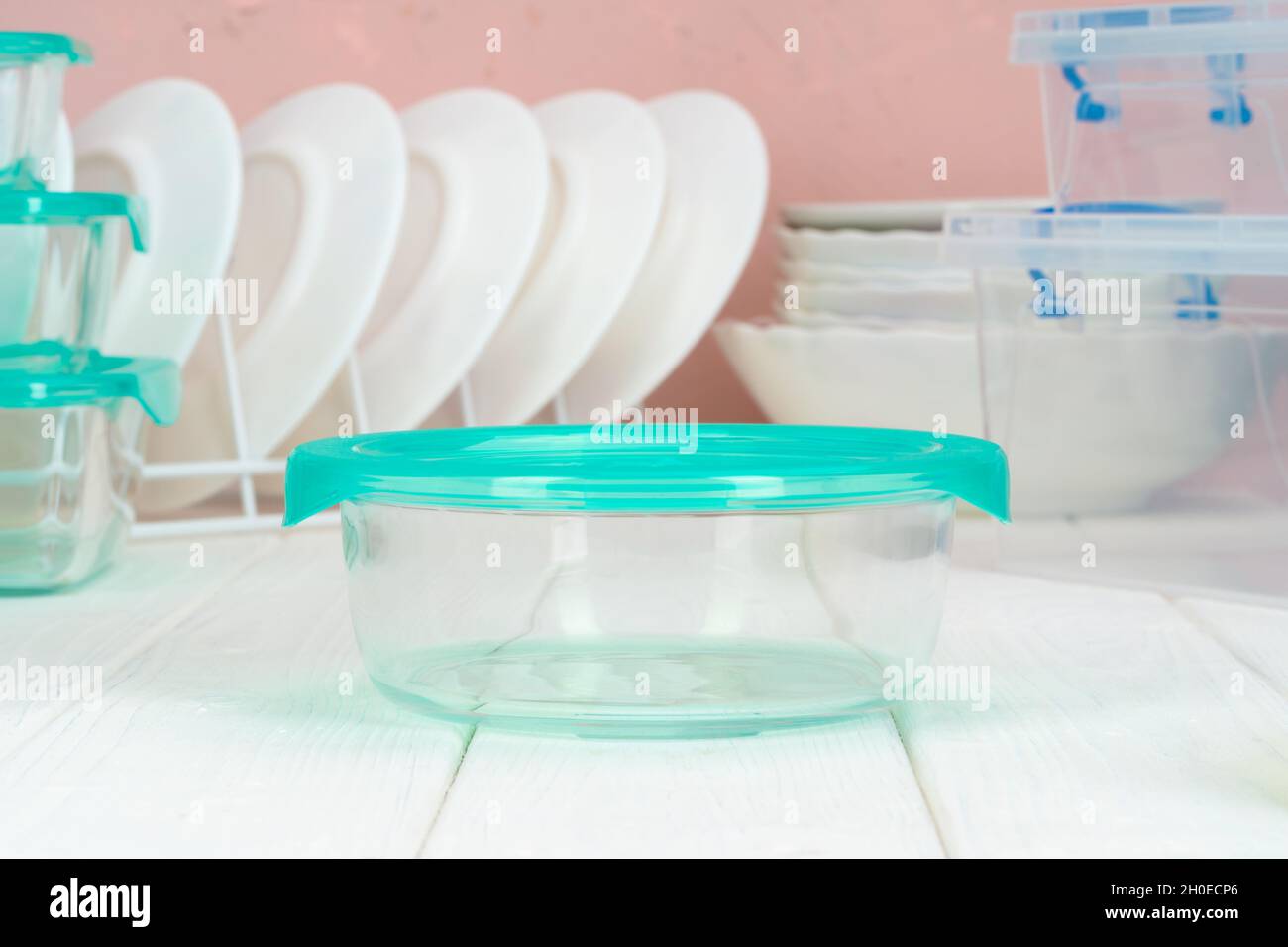 Clean kitchen with various plates and food boxes Stock Photo - Alamy