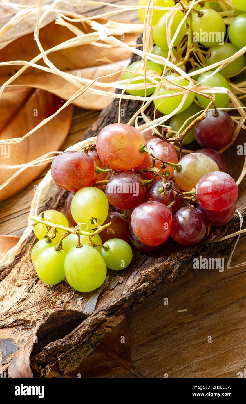 top view of autumn background with black and white grapes on tree bark ...