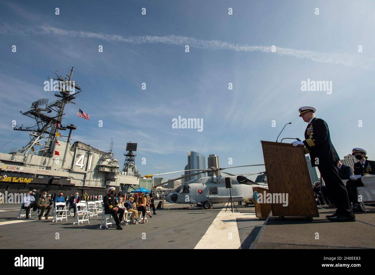 SAN DIEGO (Feb. 11, 2021) Capt. Dale Heinken speaks to guests during ...