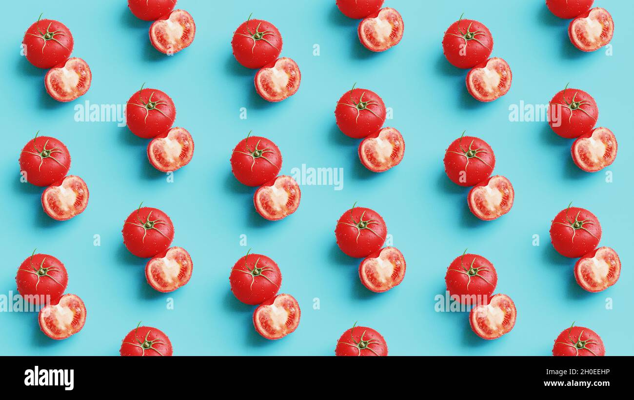 Red tomatoes pattern on a light blue background, flat lay. Top view. 3d ...