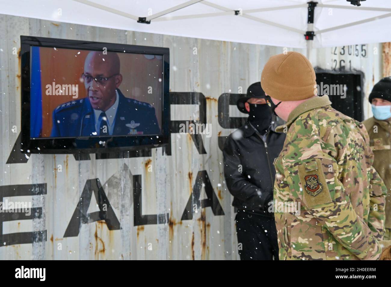 Chief Master Sgt. Chad Bickley, 18th Air Force command chief, watches a ...