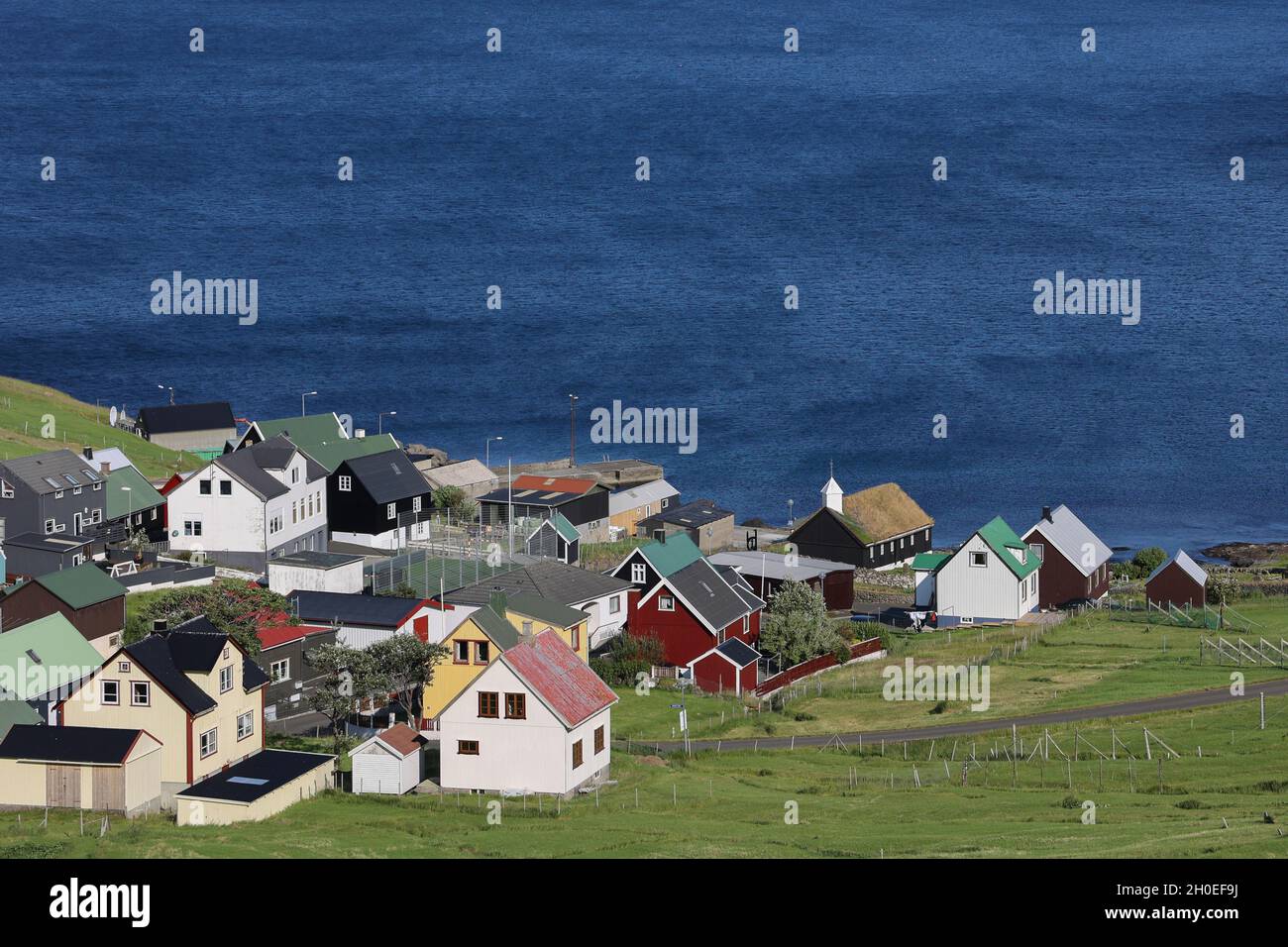 High angle view of Funningur, Eysturoy Island, Faroe Islands ...