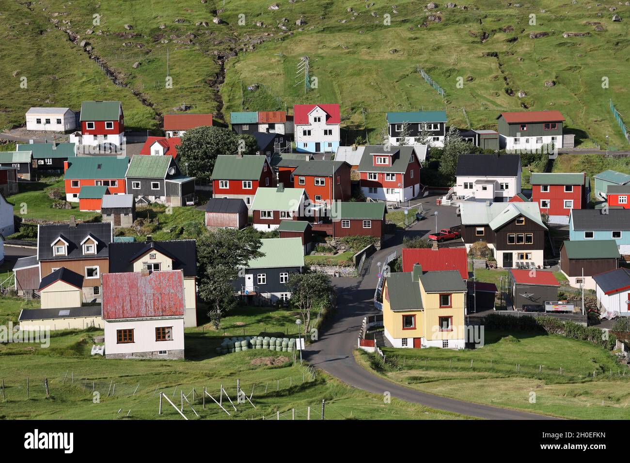 High angle view of Funningur, Eysturoy Island, Faroe Islands ...