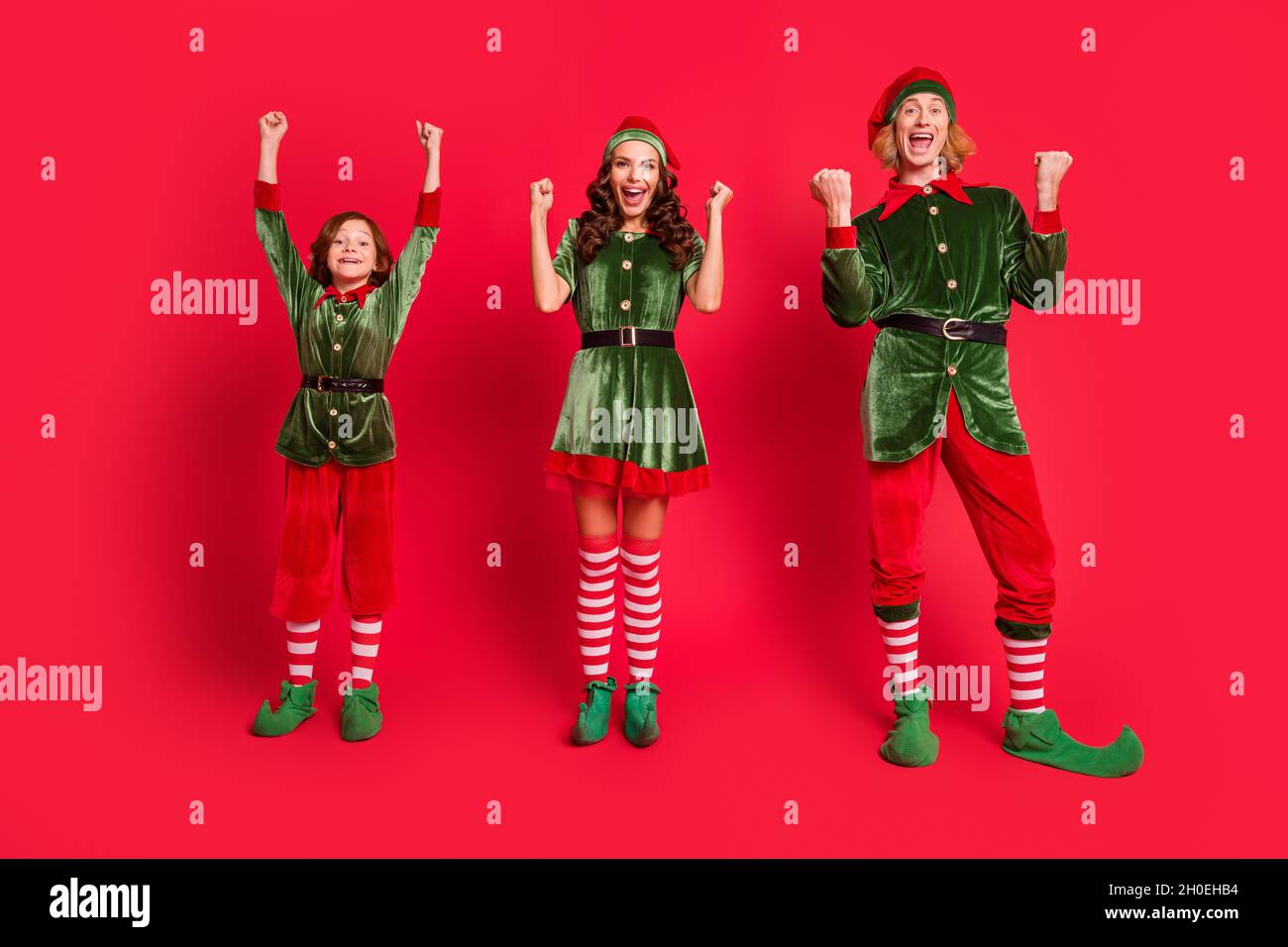 Full body photo of happy santa helper elf winner wear hat holiday ...