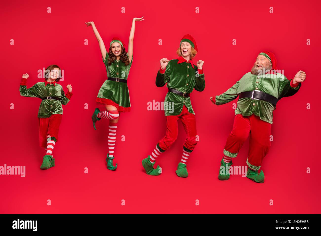 Full size photo of positive cheerful santa helper elf dance xmas ...