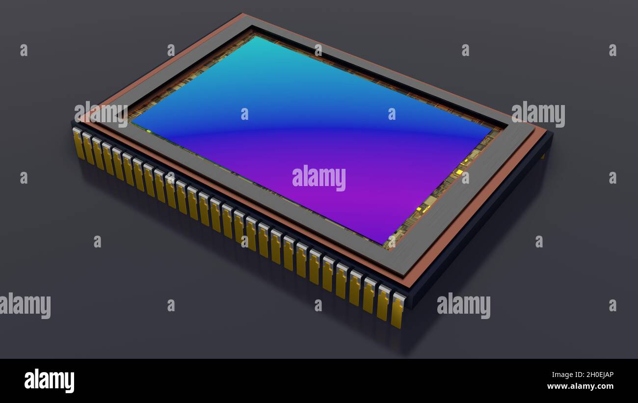 Sensor of modern digital camera. top side view, iridescent matrix ...