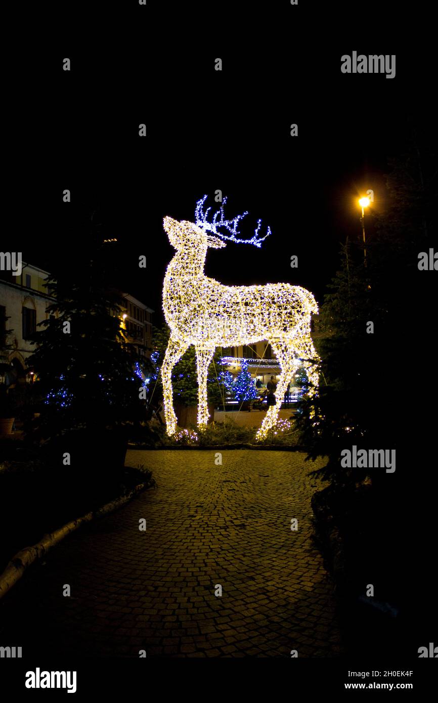 Christmas installation in the shape of a reindeer, blurred with sharp ...