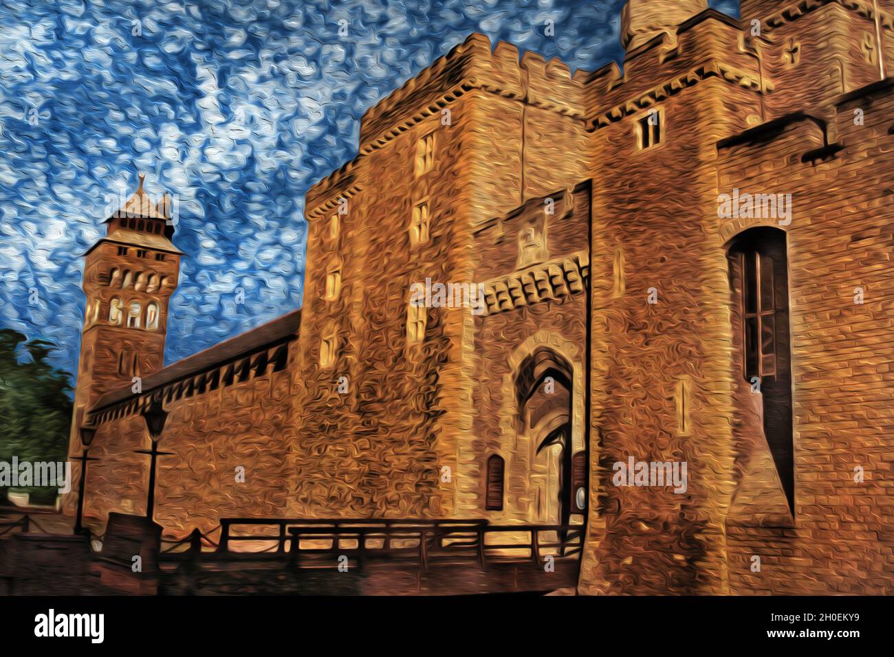 Entrance gate with stone walls and squared towers on the outer facade ...