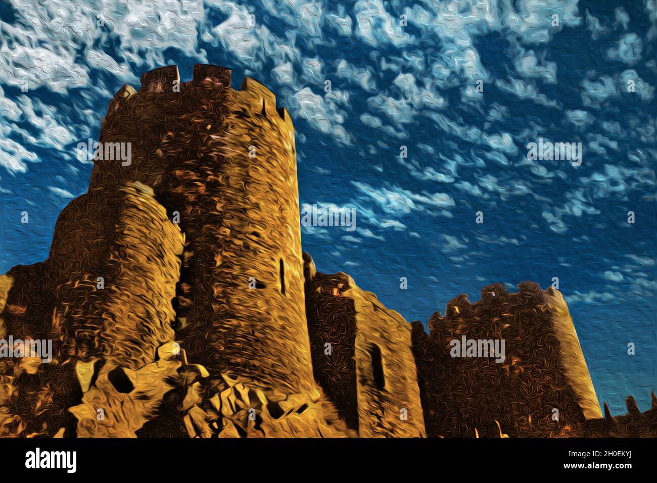 Towers and stone outer walls with merlons at the Conwy Castle. A ...