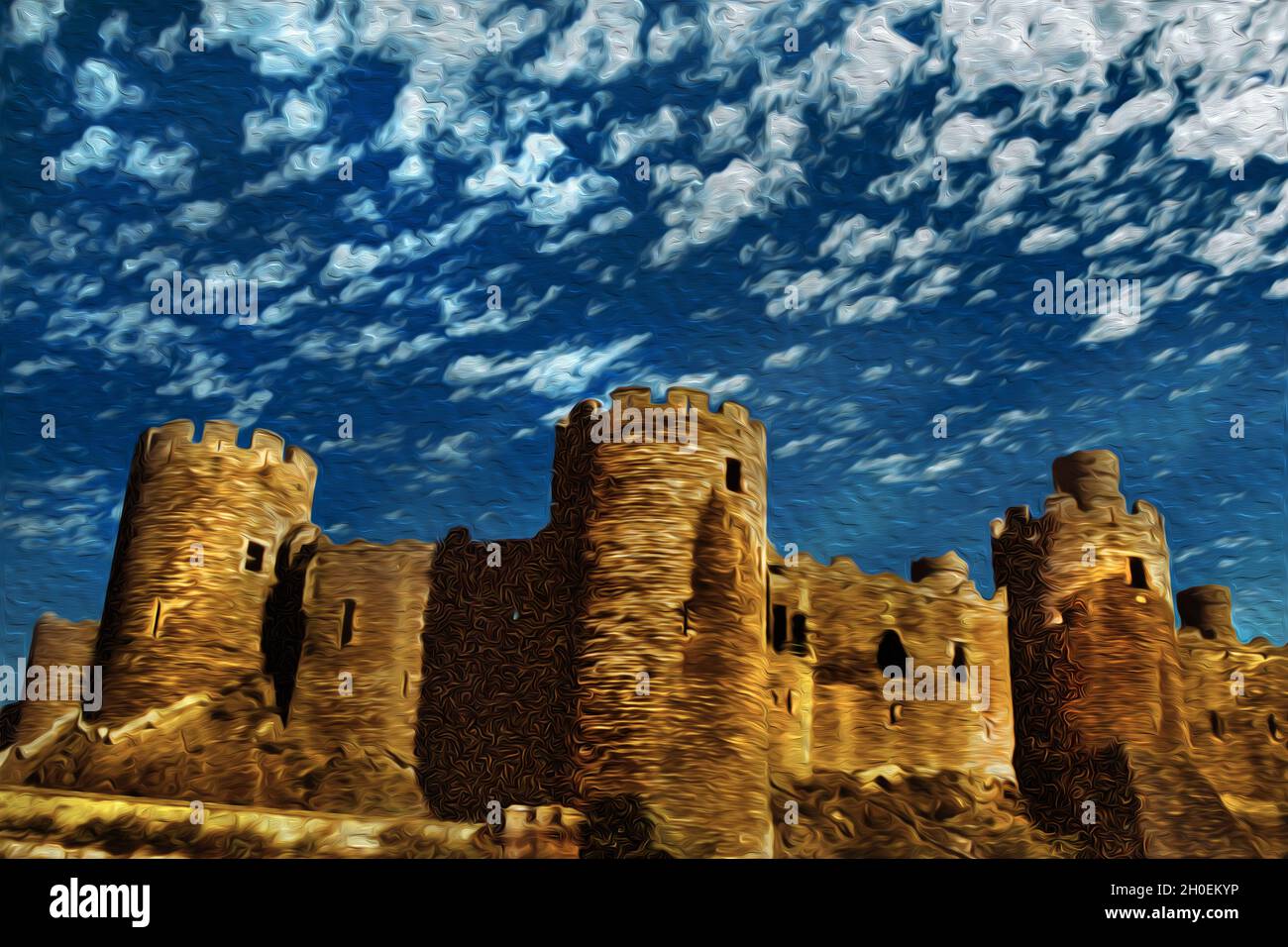 Towers and stone outer walls with merlons at the Conwy Castle. A ...
