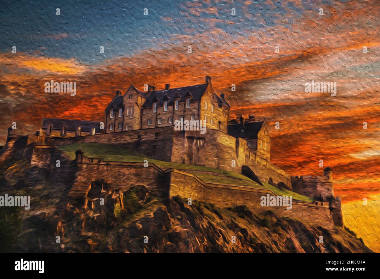 Towers and stone walls on top of a cliff at the Edinburgh Castle. The ...