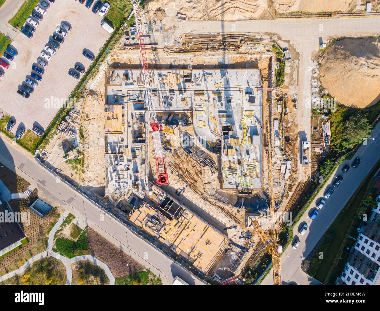 aerial top view of new modern apartment building under construction ...