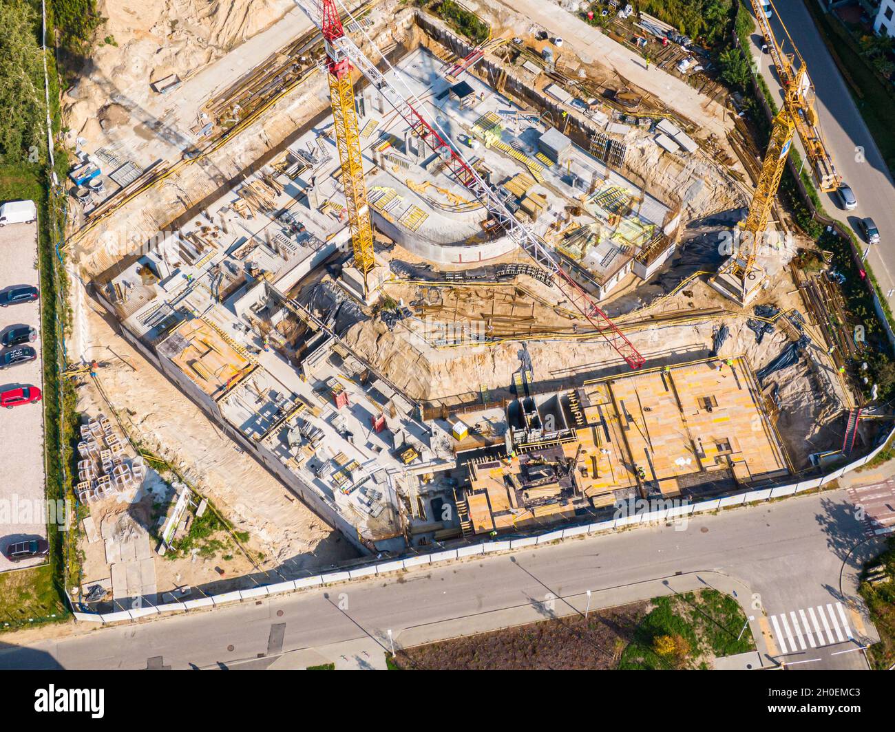 aerial top view of new modern apartment building under construction ...