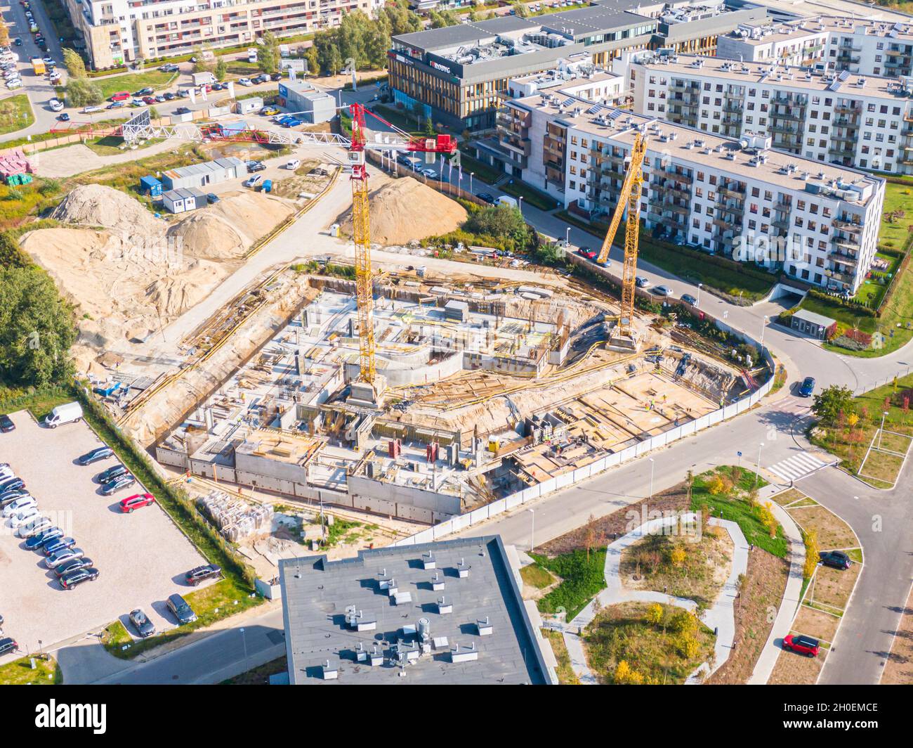 aerial top view of new modern apartment building under construction ...