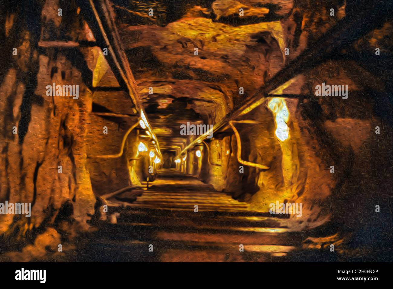 Narrow corridor with steep ramp inside the Khufu Pyramid in Giza. One ...