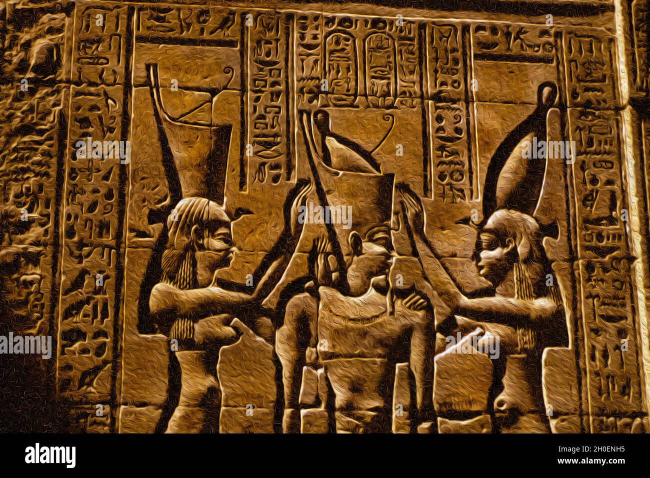 Wall with hieroglyphs depicting the pharaoh and others human images ...