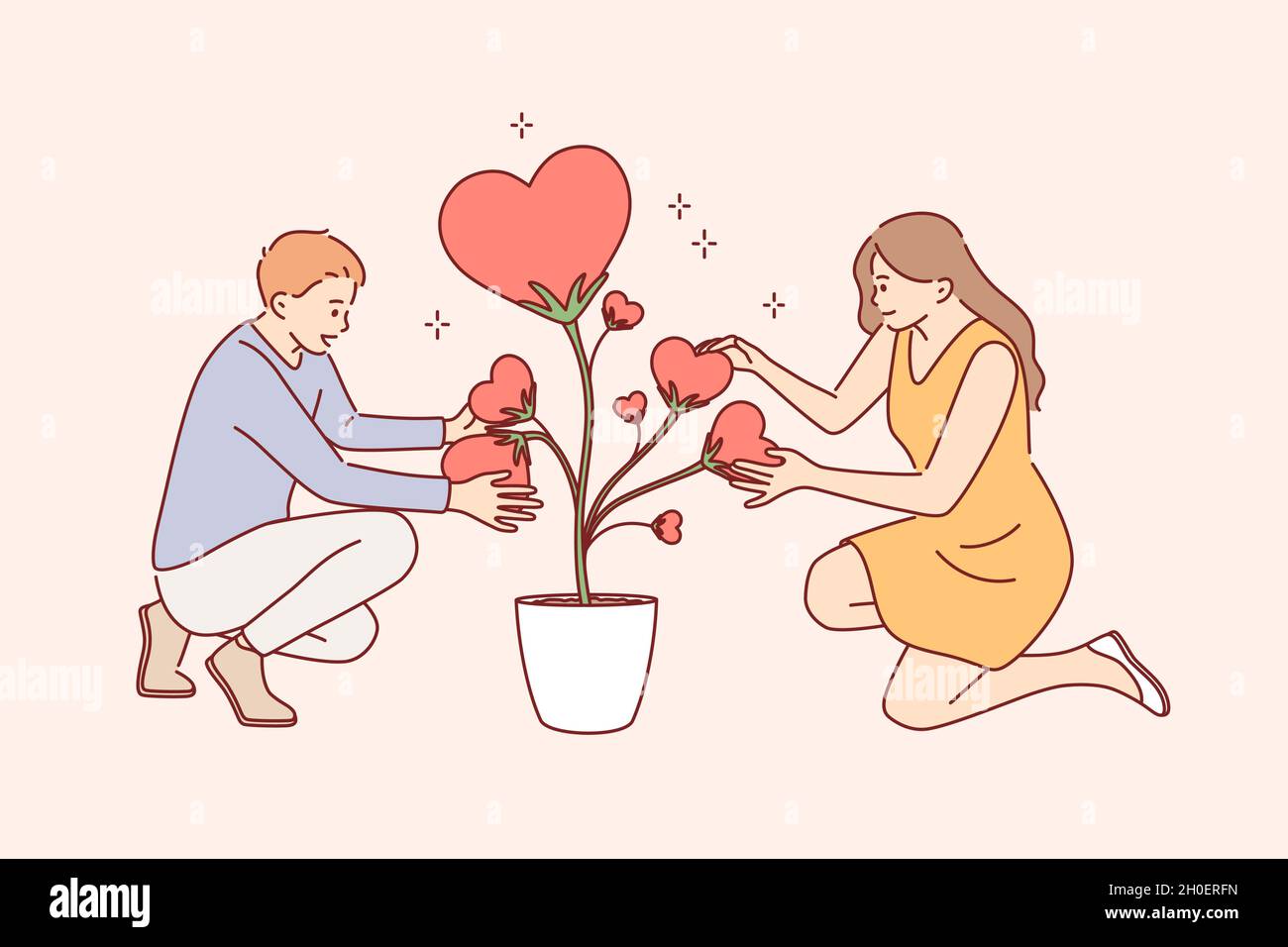 Taking care of love and plants concept. Young smiling couple woman and ...