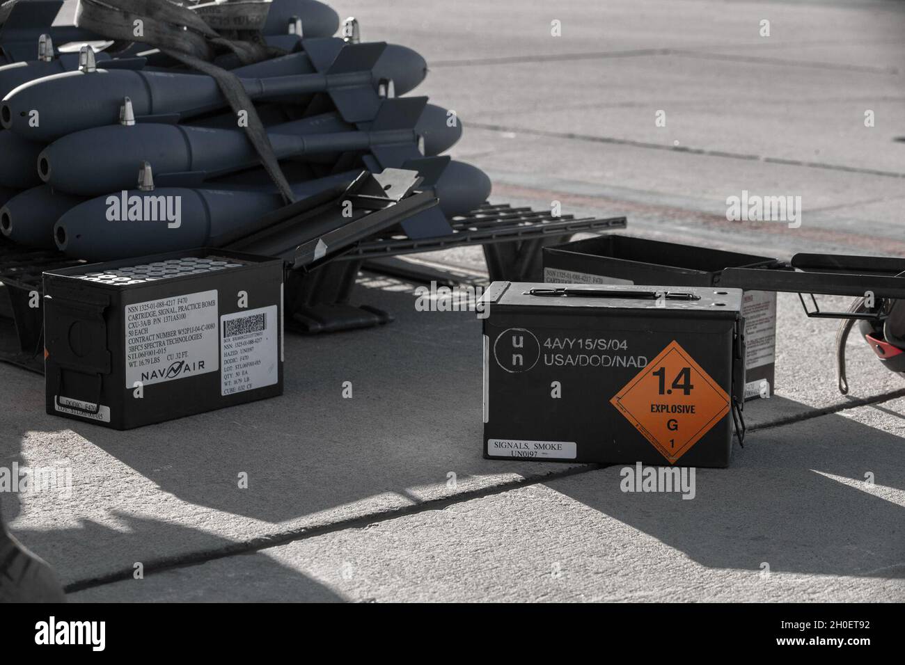 Smoke signal explosives sit next to MK-76 bombs at Marine Corps Air ...