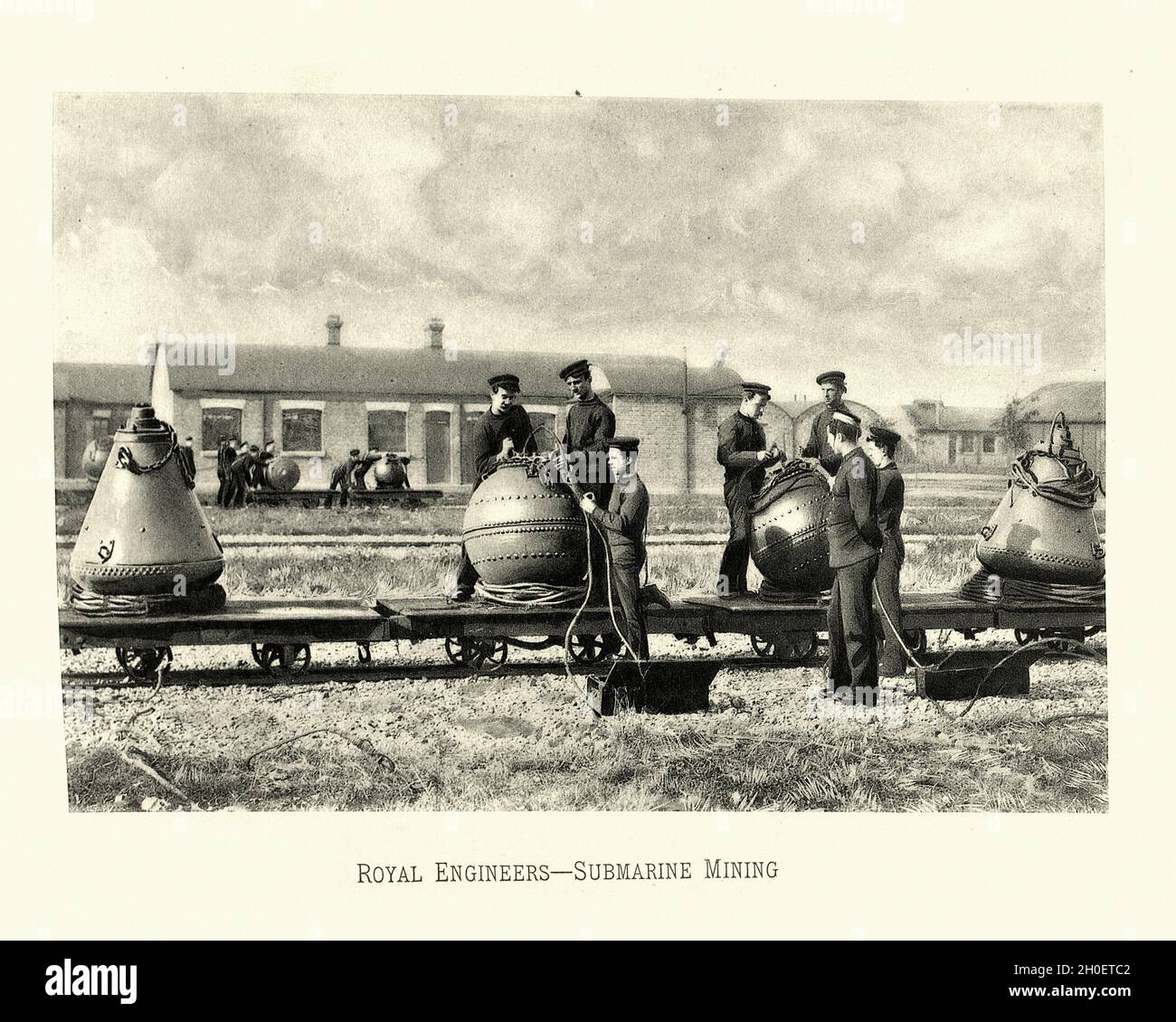 Vintage photogrtaph of British army Royal Engineers, Using sea mines ...