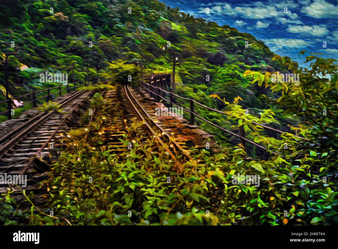 Train tracks of an old disused railway line over a bridge in the ...