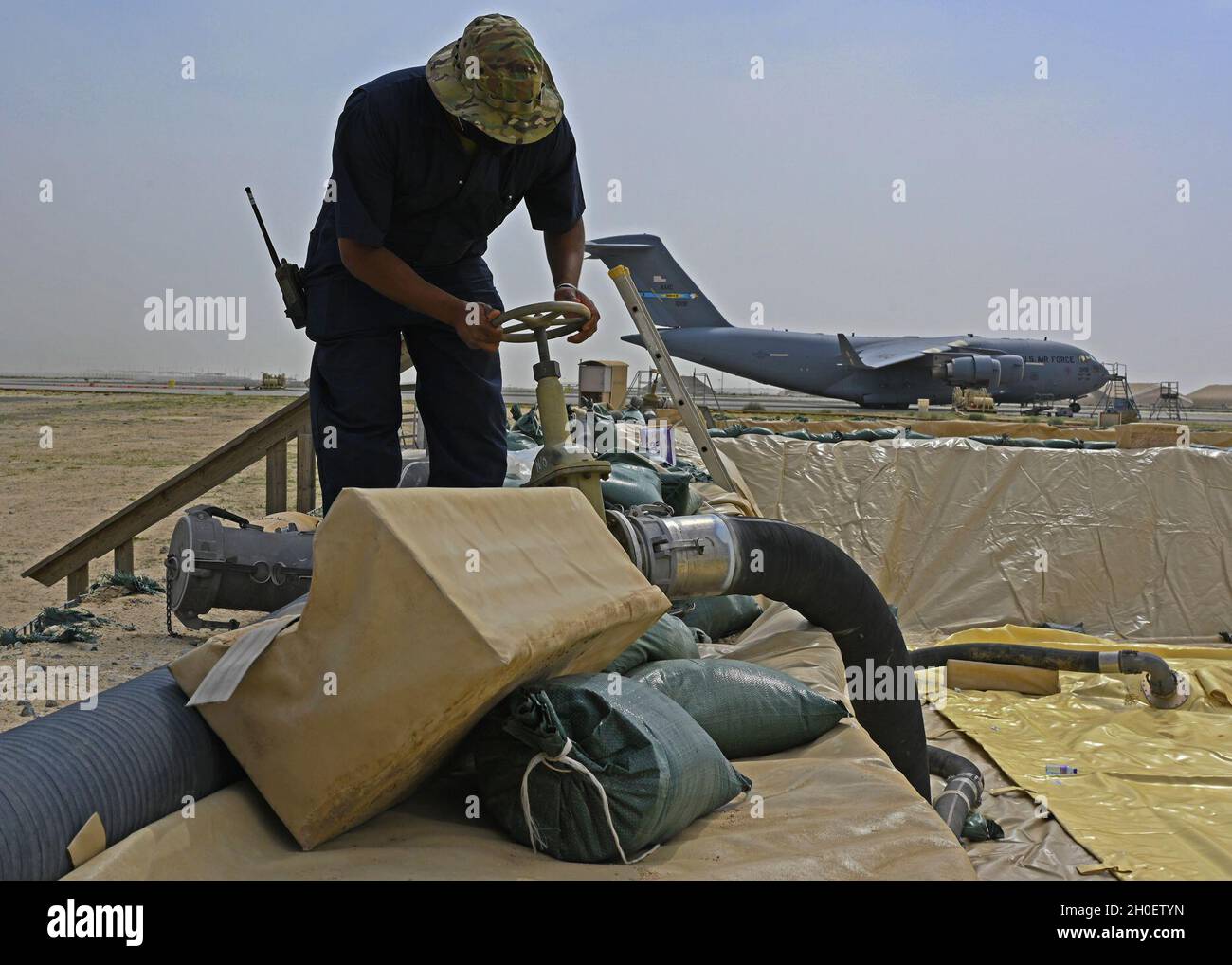 A U.S. Air Force Airman assigned to the 386th Expeditionary Logistics ...