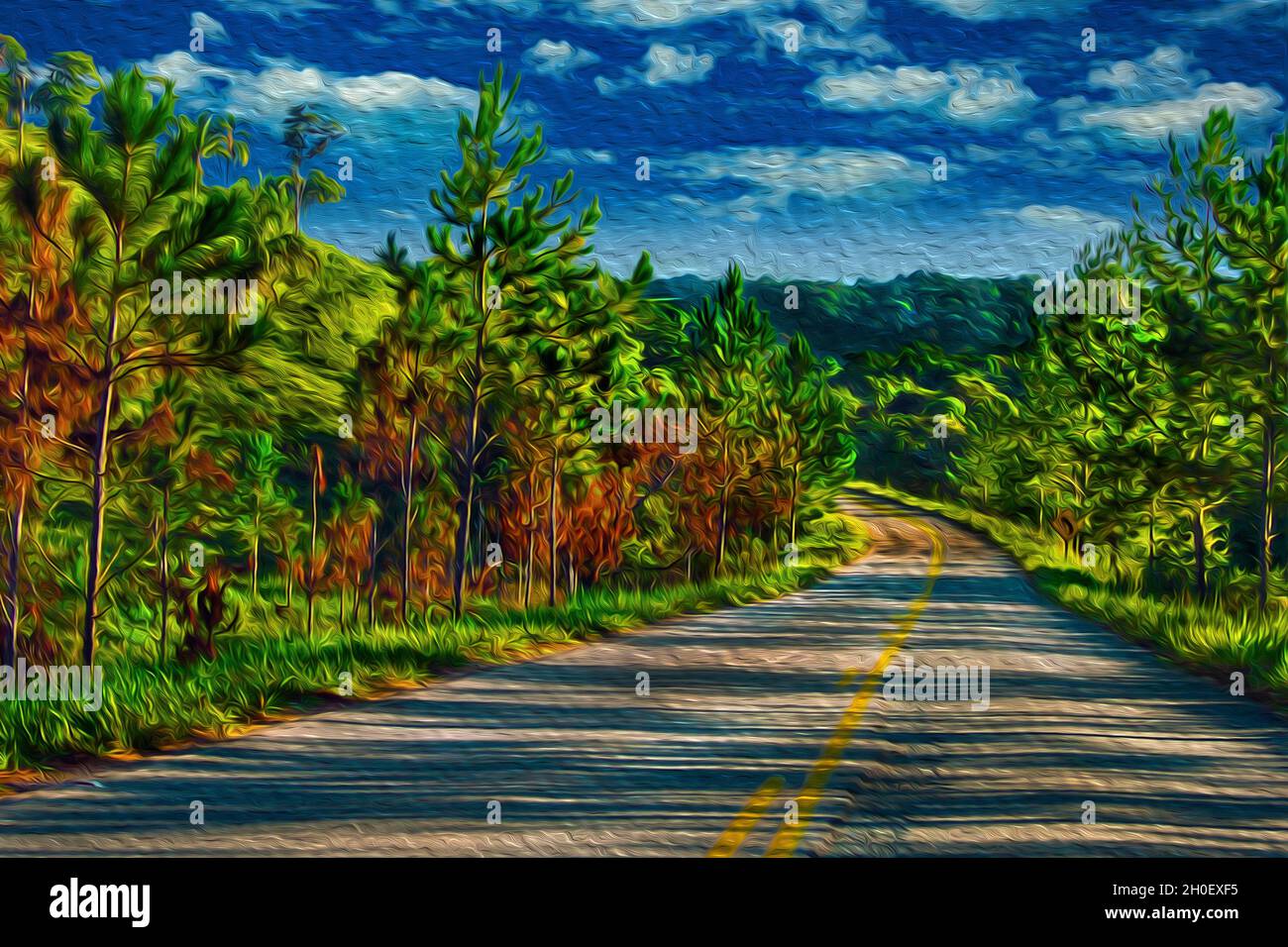 Paved road shaded by trees in a rural landscape at the Petar Park. A ...
