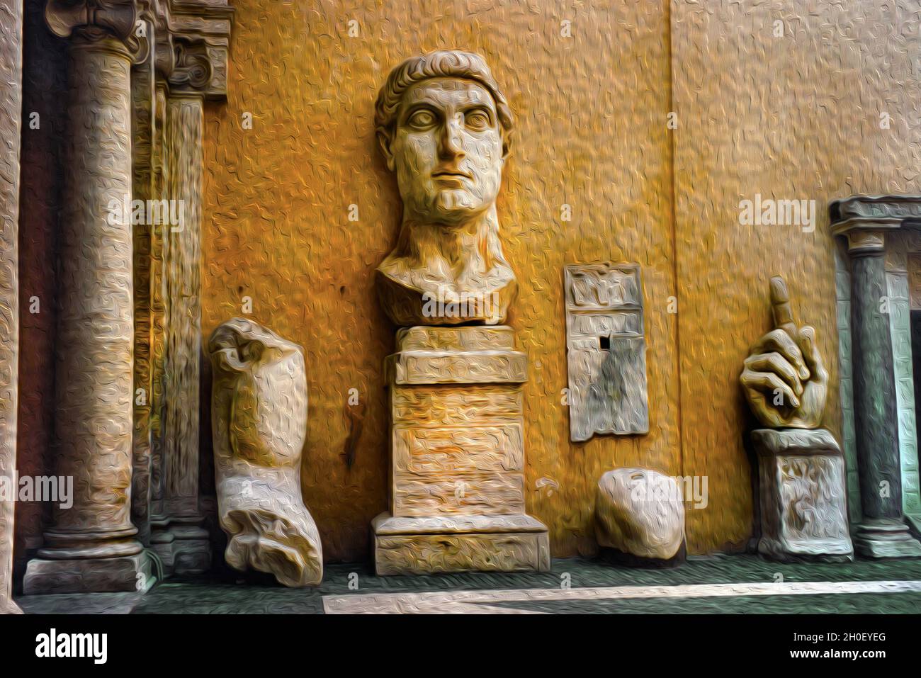 Set of old roman sculptures carved in marble at the Capitoline Museums ...