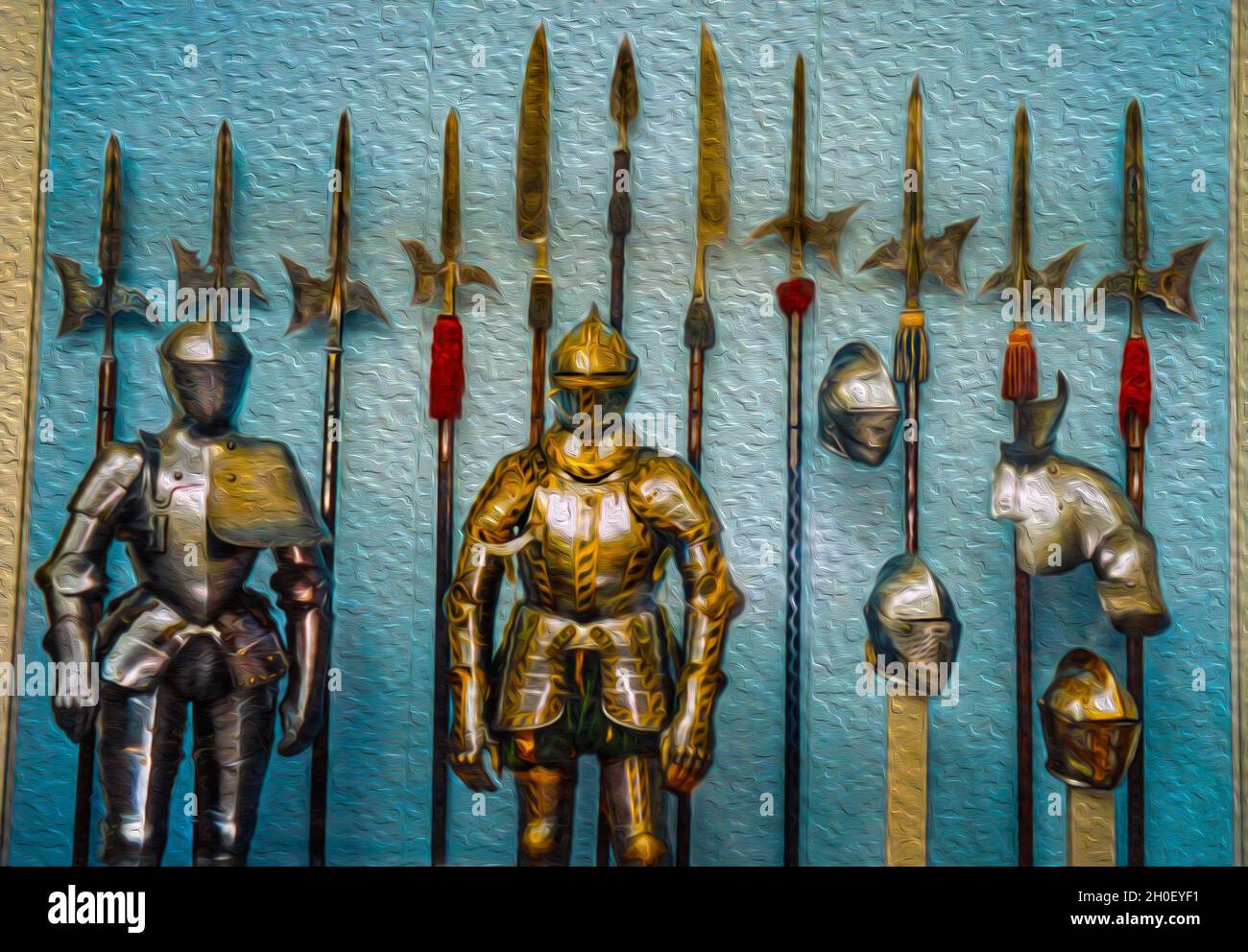 Medieval armors and weapons at the Metropolitan Museum in New York. One ...