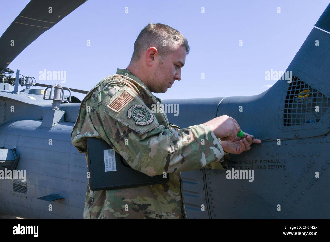 A 920th Aircraft Maintenance Squadron crew chief begins repairs on an ...