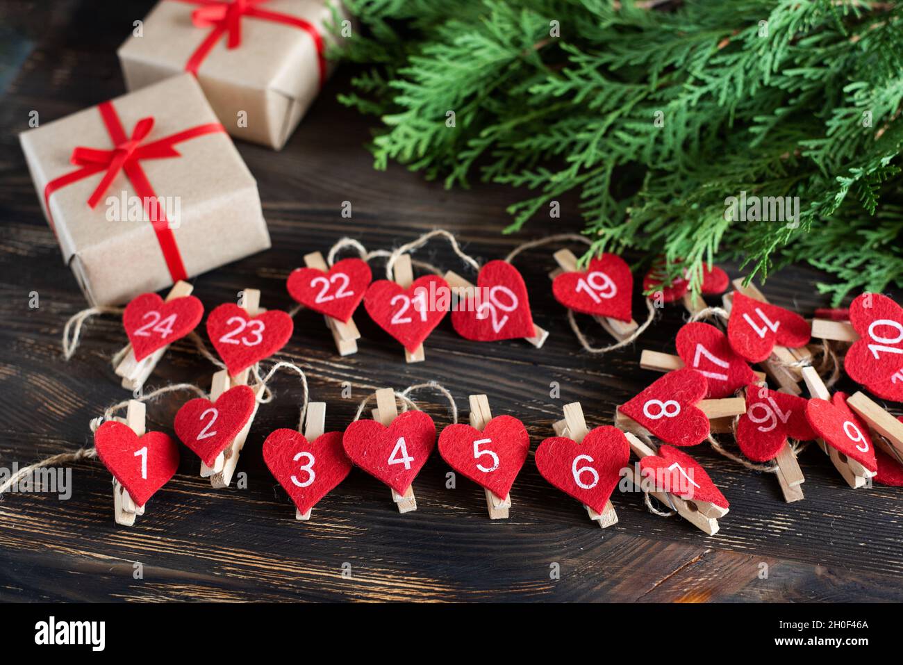 Handmade heart-shaped advent calendar, waiting for the holiday ...