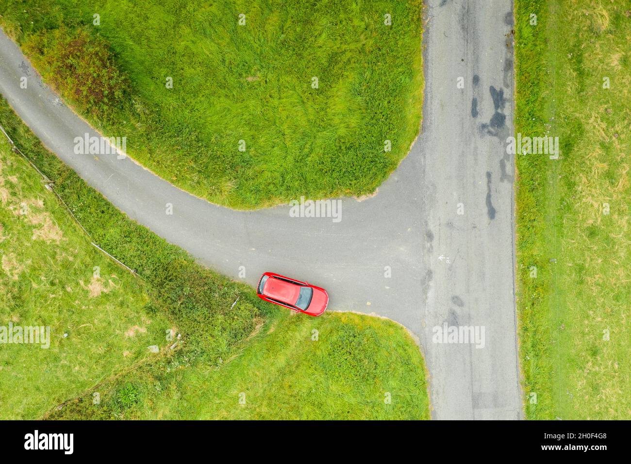Top view of a red car standing at a crossroads in a field Stock Photo ...