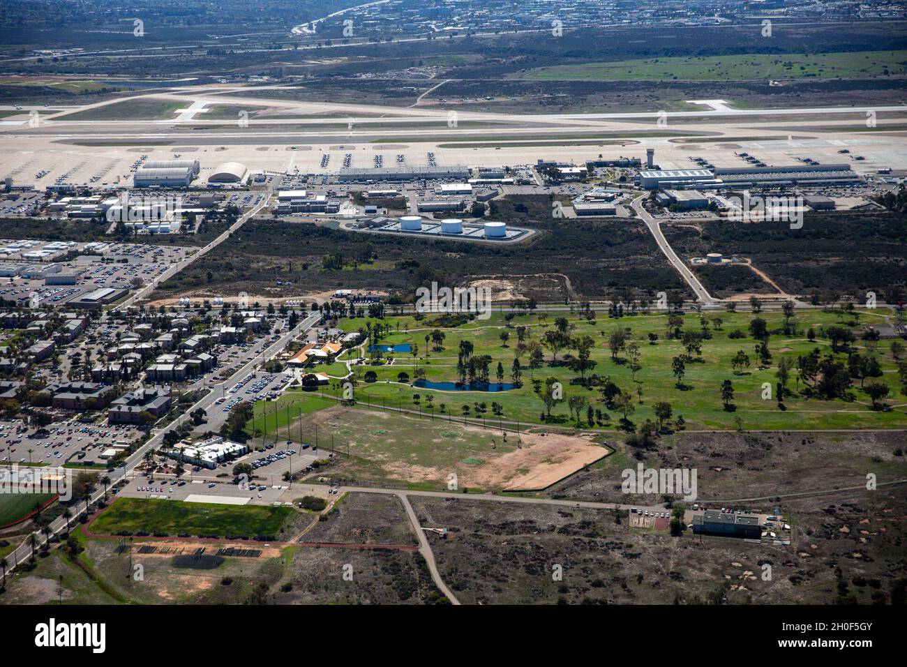 An aerial view of the flight line on Marine Corps Air Station Miramar ...
