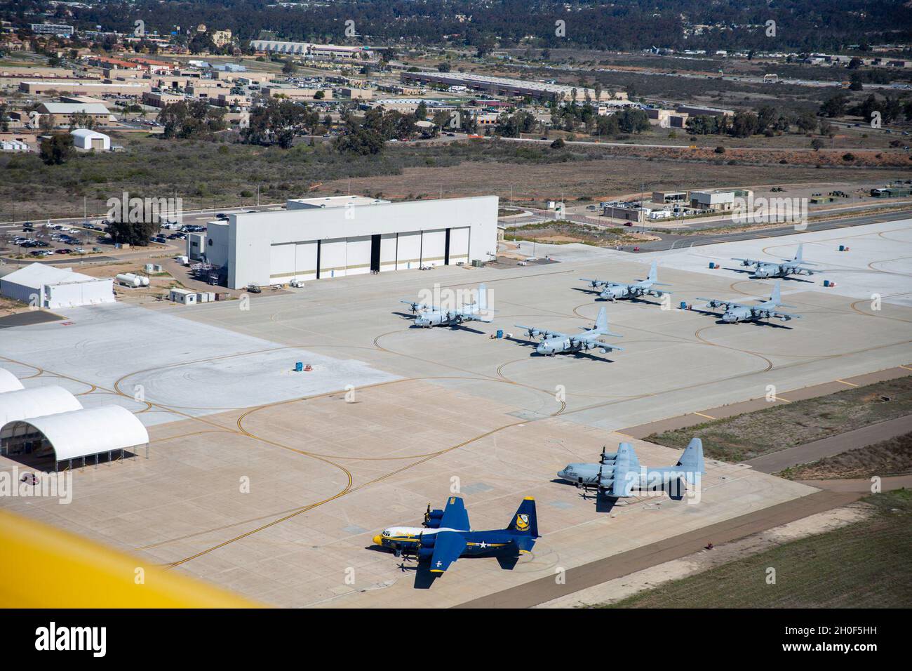 An aerial view of the flight line on Marine Corps Air Station Miramar ...