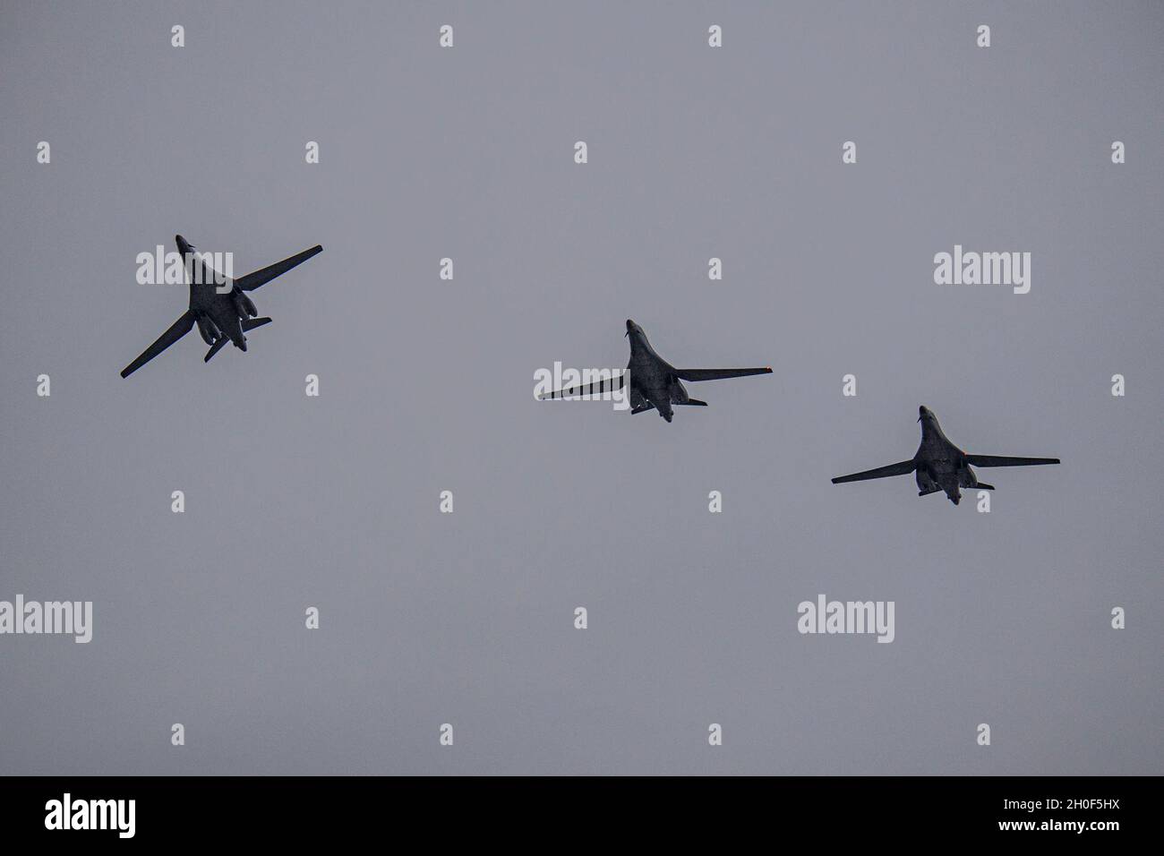 Three B-1B Lancers assigned to the 9th Expeditionary Bomb Squadron fly ...