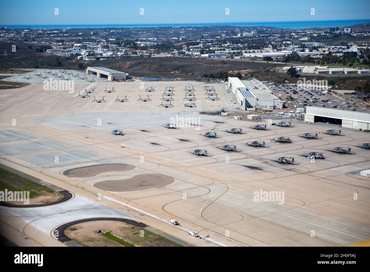 An aerial view of the flight line on Marine Corps Air Station Miramar ...