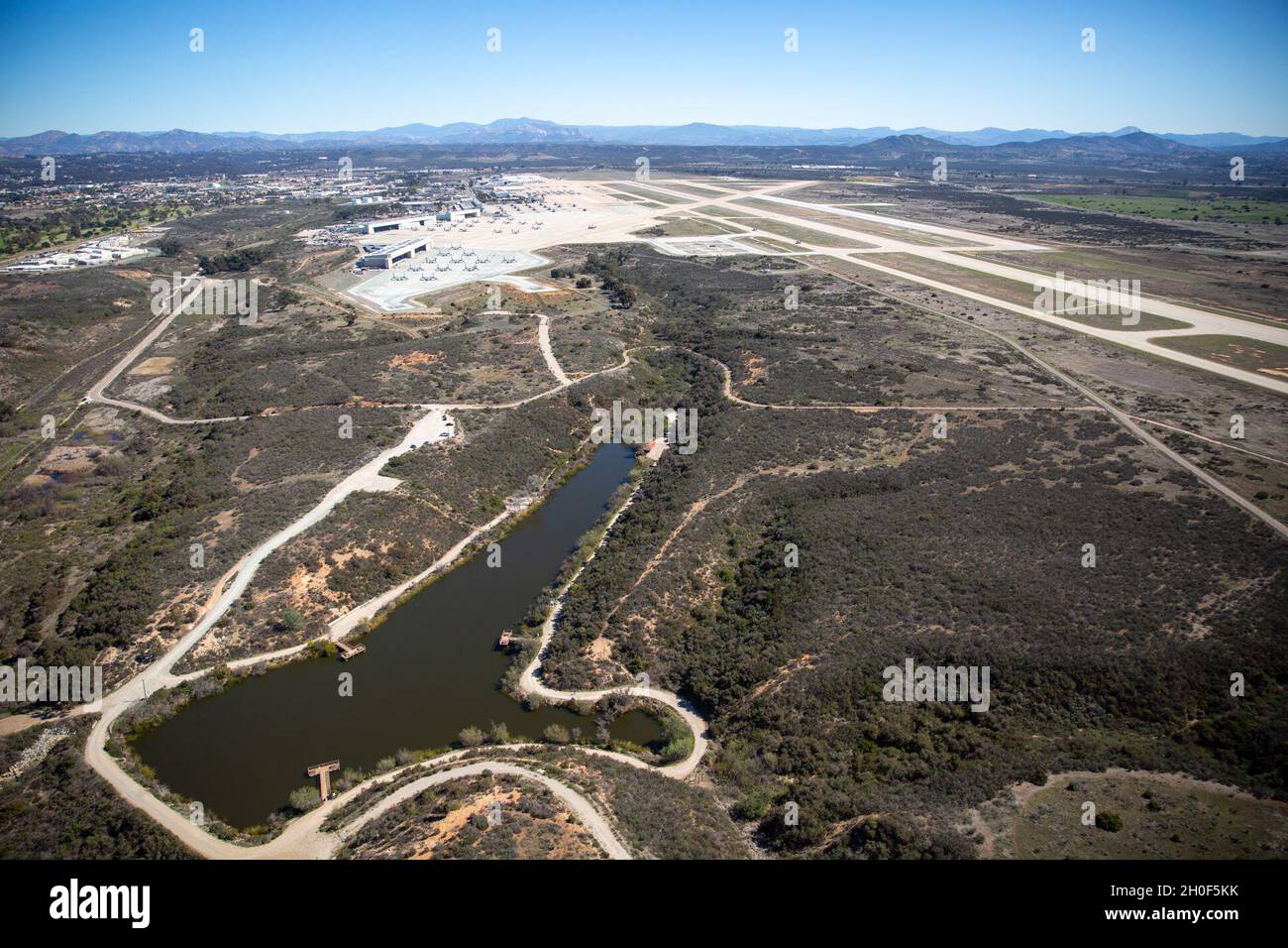 An aerial view of the flight line on Marine Corps Air Station Miramar ...