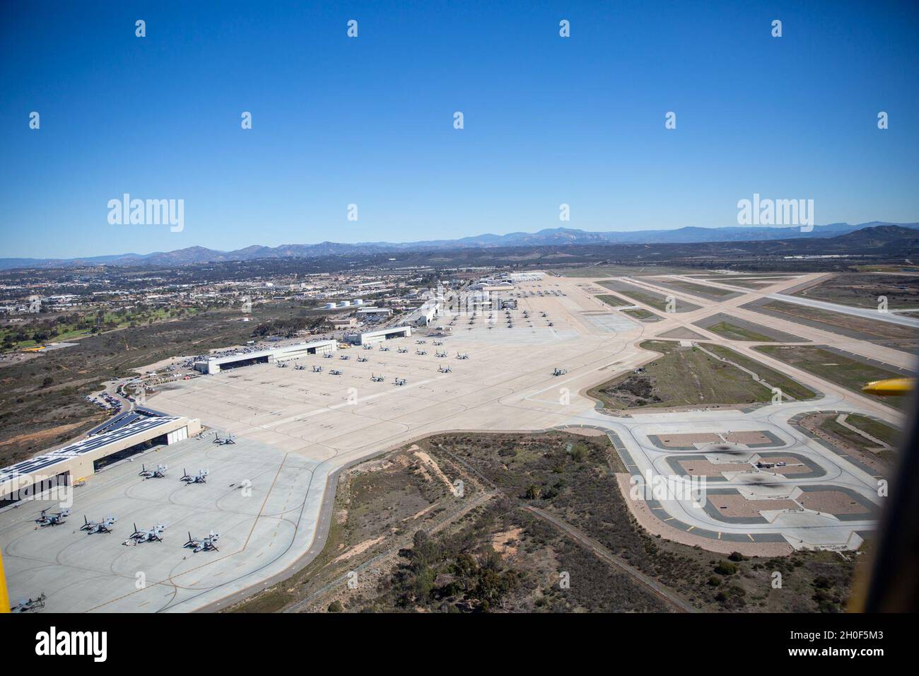 An aerial view of the flight line on Marine Corps Air Station Miramar ...