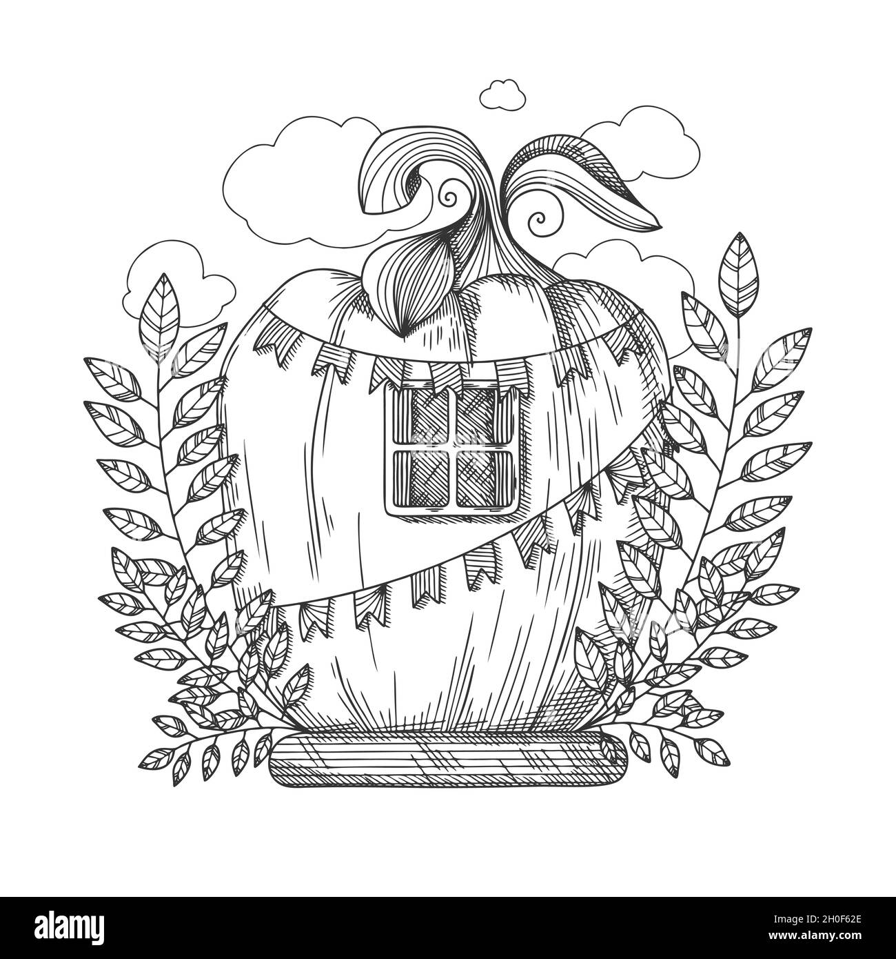 Sketch of a fantastic pumpkin house. Cartoon pumpkin gnome house ...