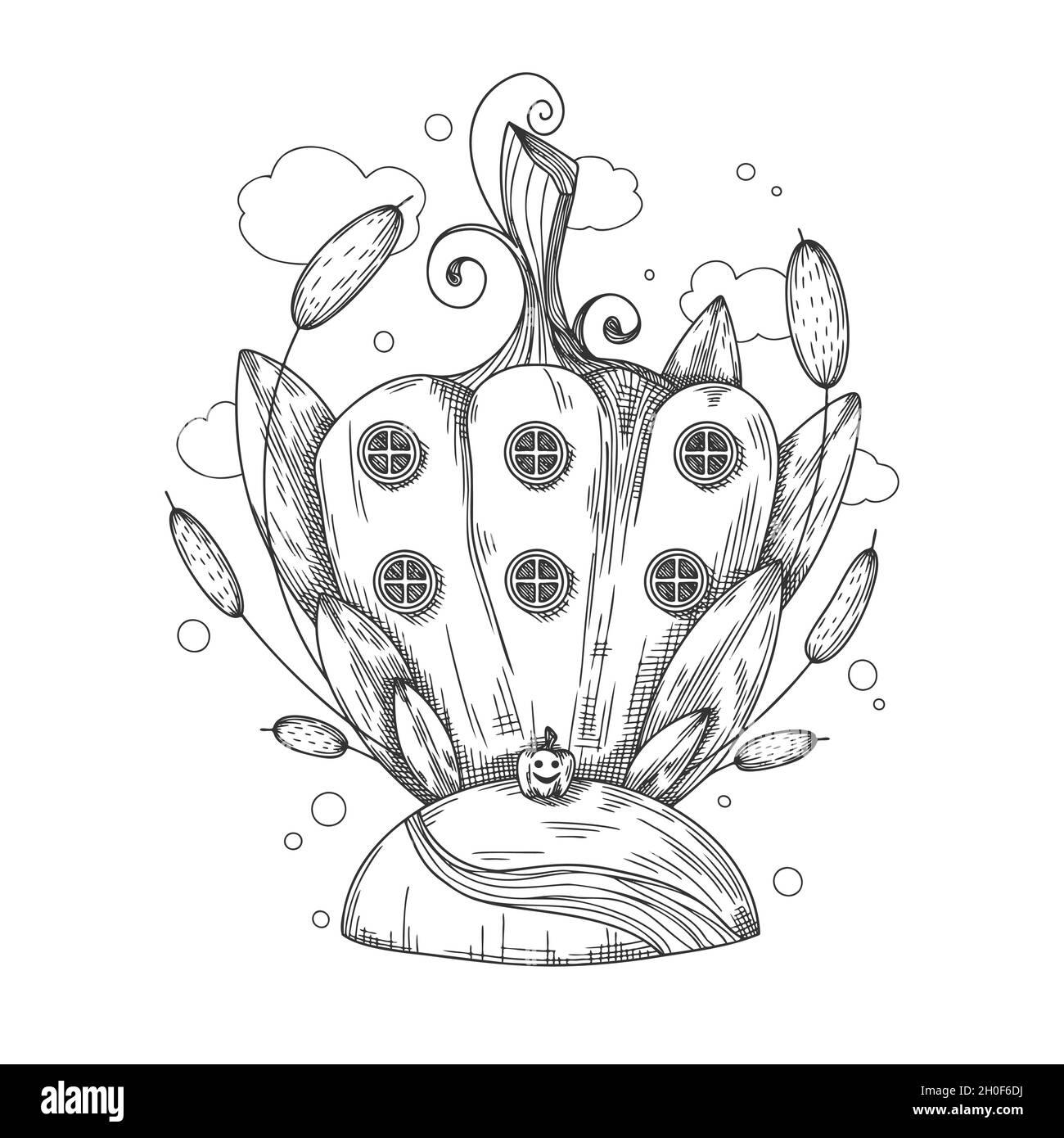 Sketch of a fantastic pumpkin house. Cartoon pumpkin gnome house ...