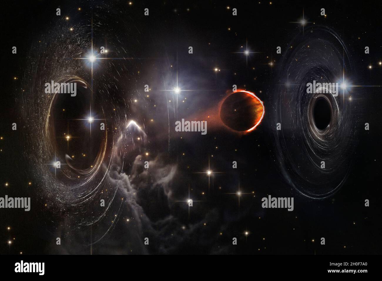 Window between worlds in the universe. Meteorite flies in gravity waves ...