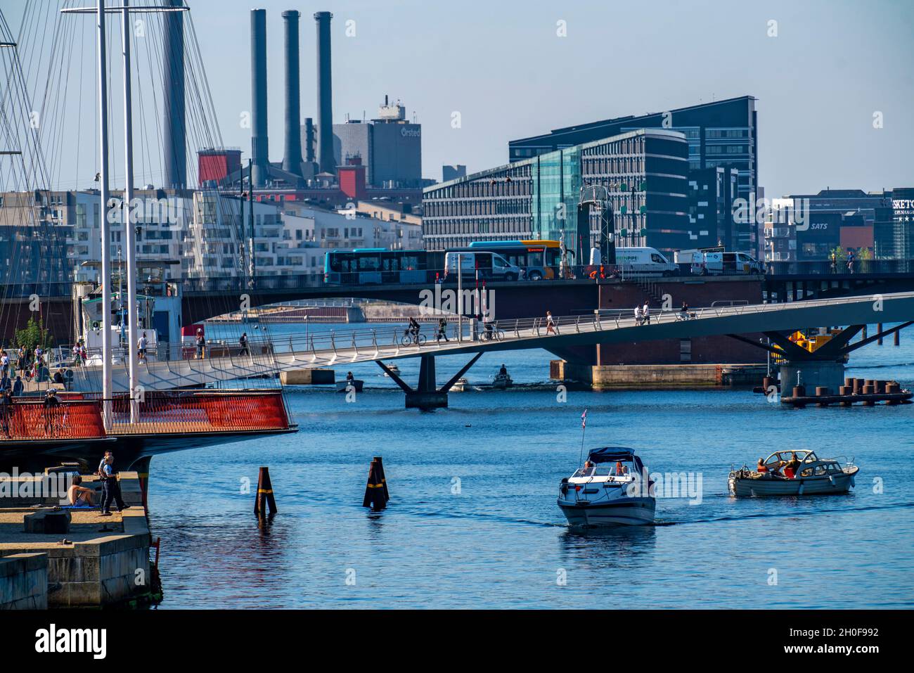 View over the harbour, in front left the Cirkelbroen bridge, the Lille ...