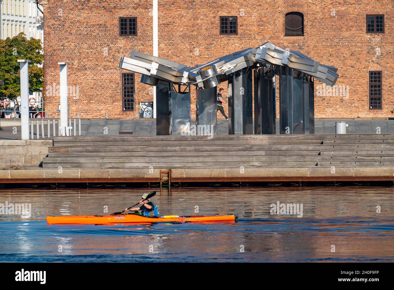 Shore at Christians Brygge Street, kayak in the harbour of Copenhagen ...